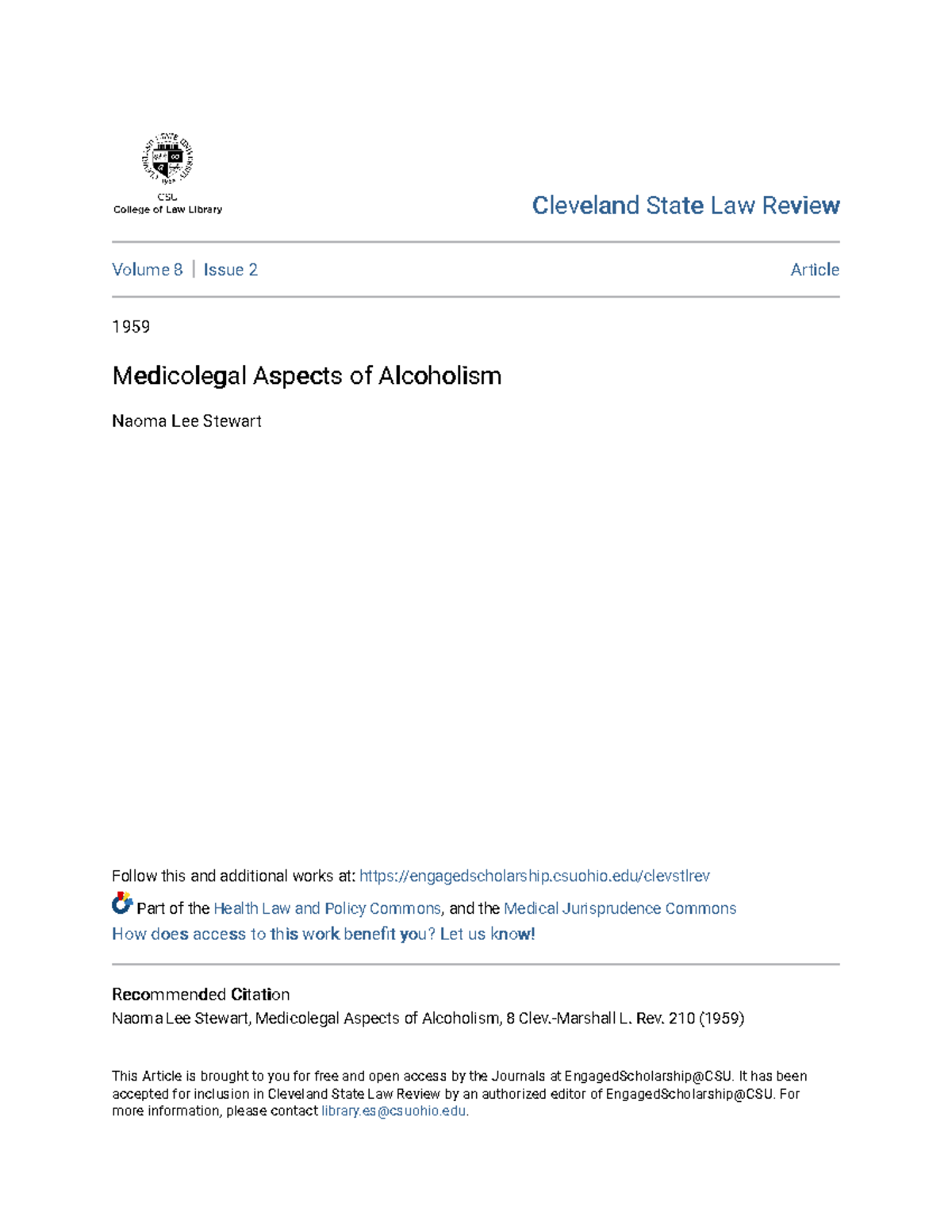 Medicolegal Aspects of Alcoholism - Cleveland State Law ReviewCleveland ...