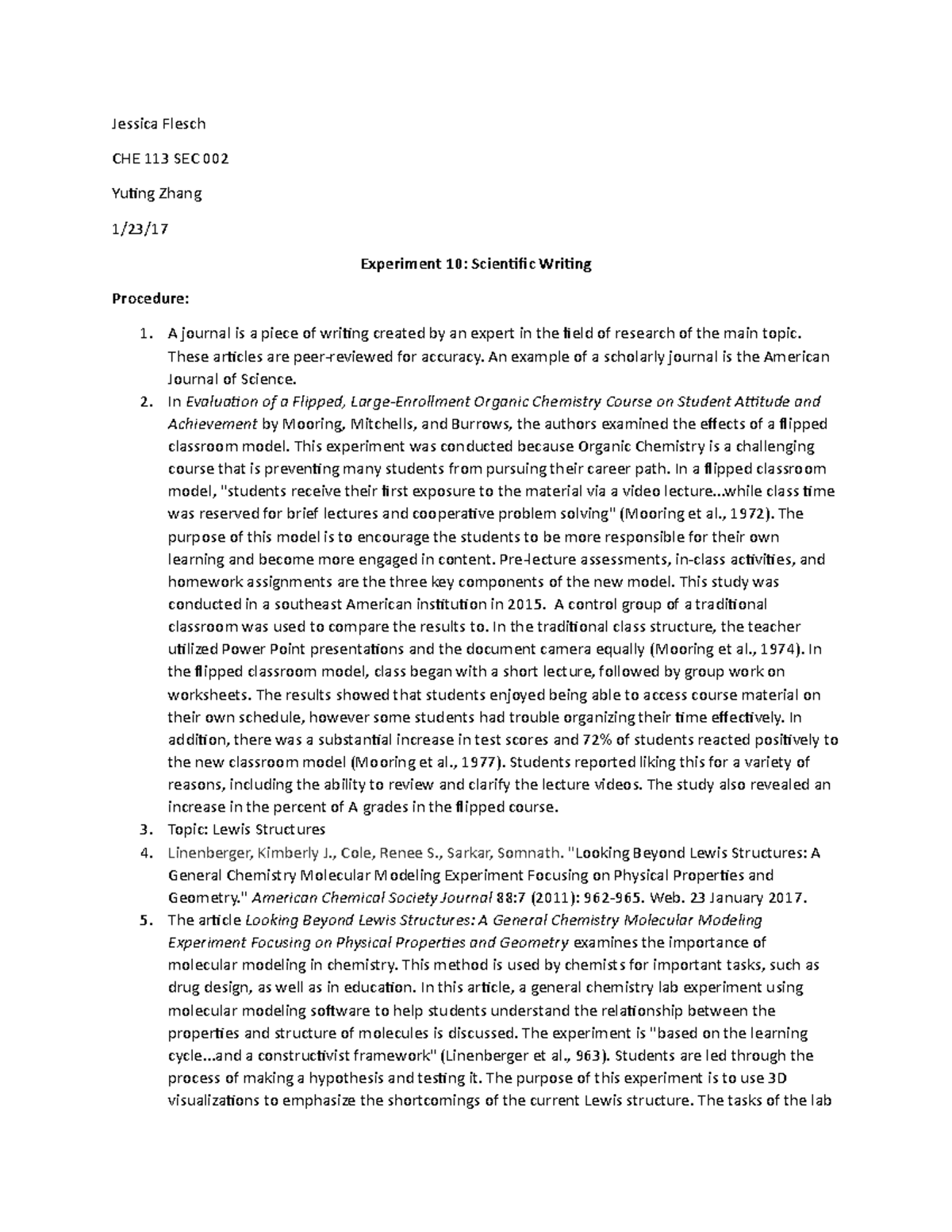 Experiment 10 Report - Jessica Flesch CHE 113 SEC 002 Yuting Zhang 1/23 ...