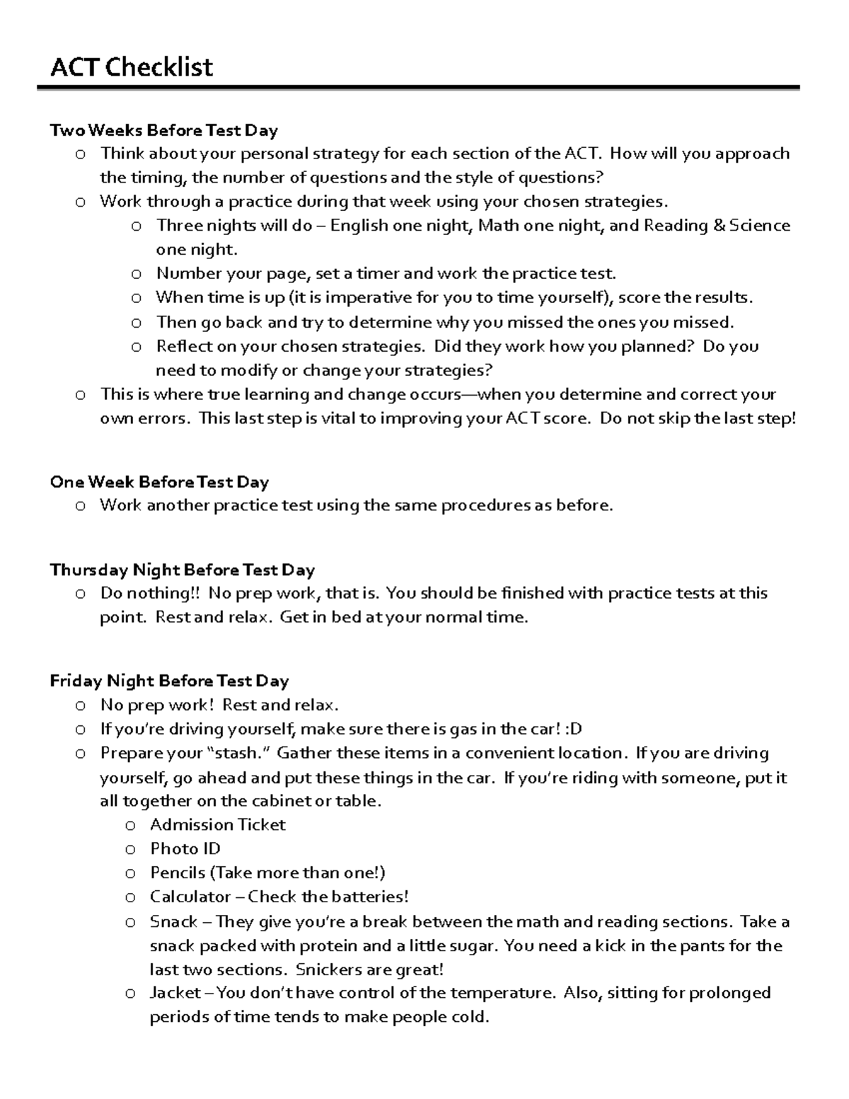 ACT Checklist - ACT Checklist Two Weeks Before Test Day o Think about ...