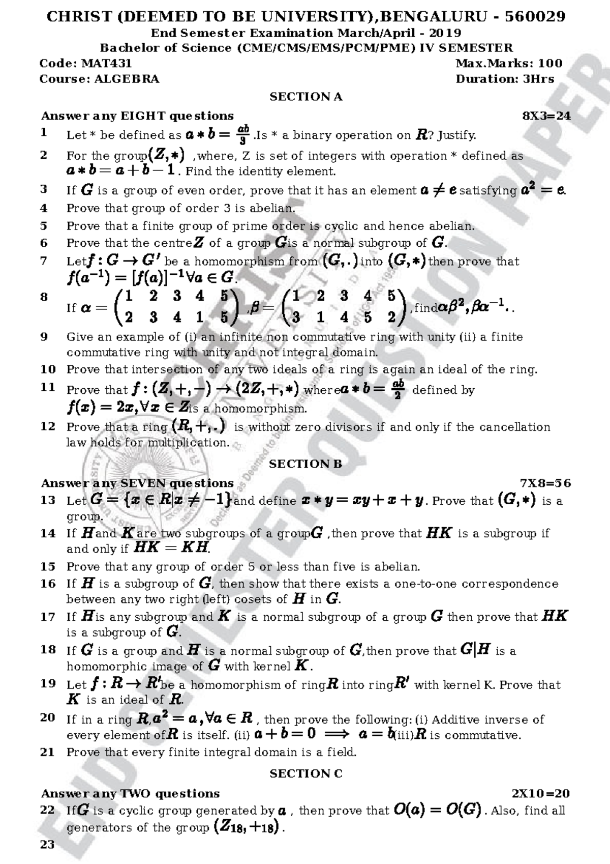 MAT431 - Previous Year Question Paper - CHRIST (DEEMED TO BE UNIVERSITY ...