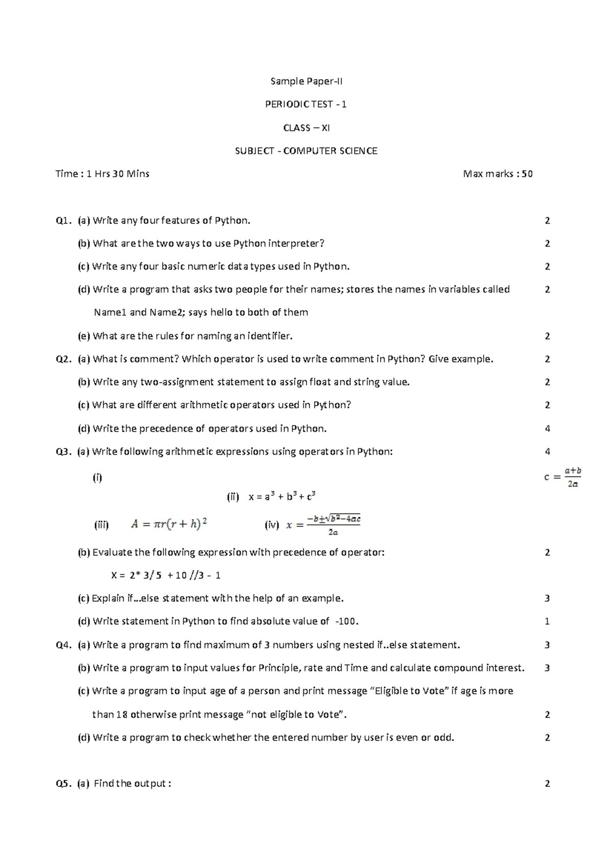 XI CS PT-1 Sample Paper-II - Sample Paper-II CLASS – XI - PERIODIC TEST ...