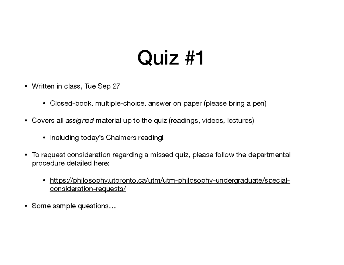 Quiz #1 sample questions - Quiz " Written in class, Tue Sep 27 " Closed-book, - Studocu