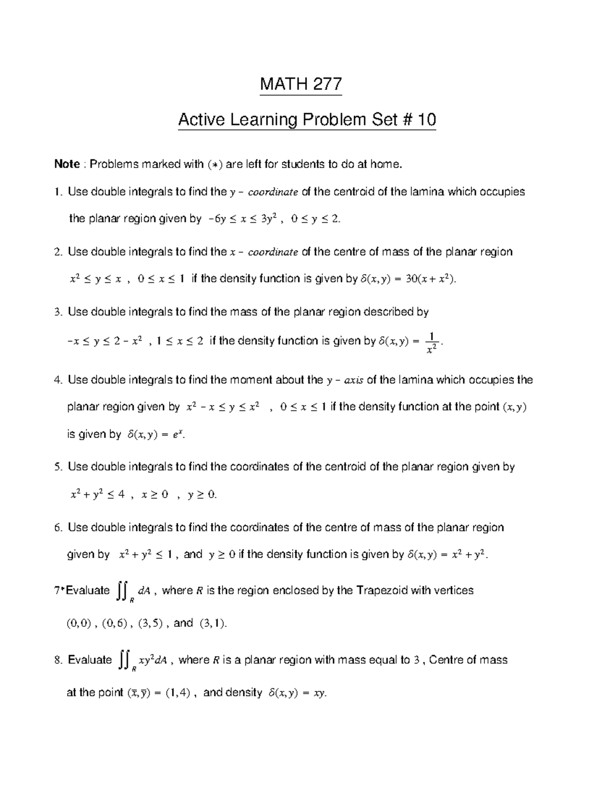 Active Learning Problem Set # 10 - MATH 277 Active Learning Problem Set ...