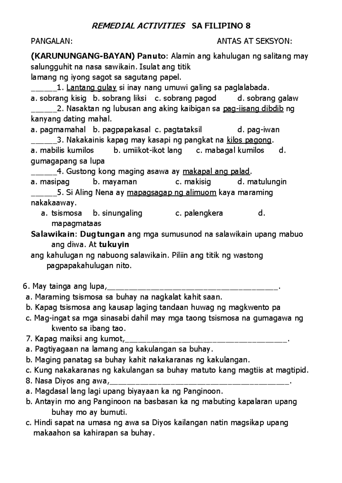 Remedial Activities SA Filipino 8 - REMEDIAL ACTIVITIES SA FILIPINO 8 ...