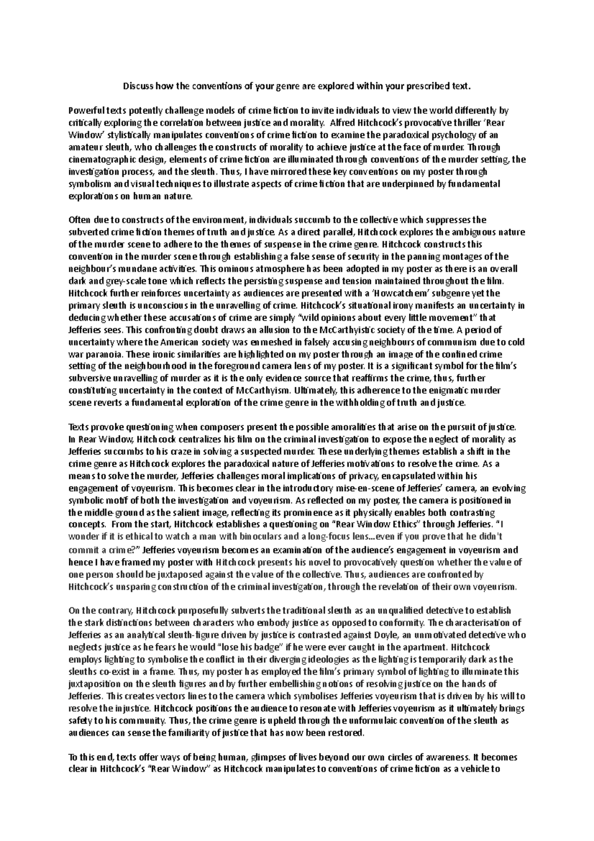 English Term 3 - Multimodal essay assignment on Rear Window. - Discuss ...