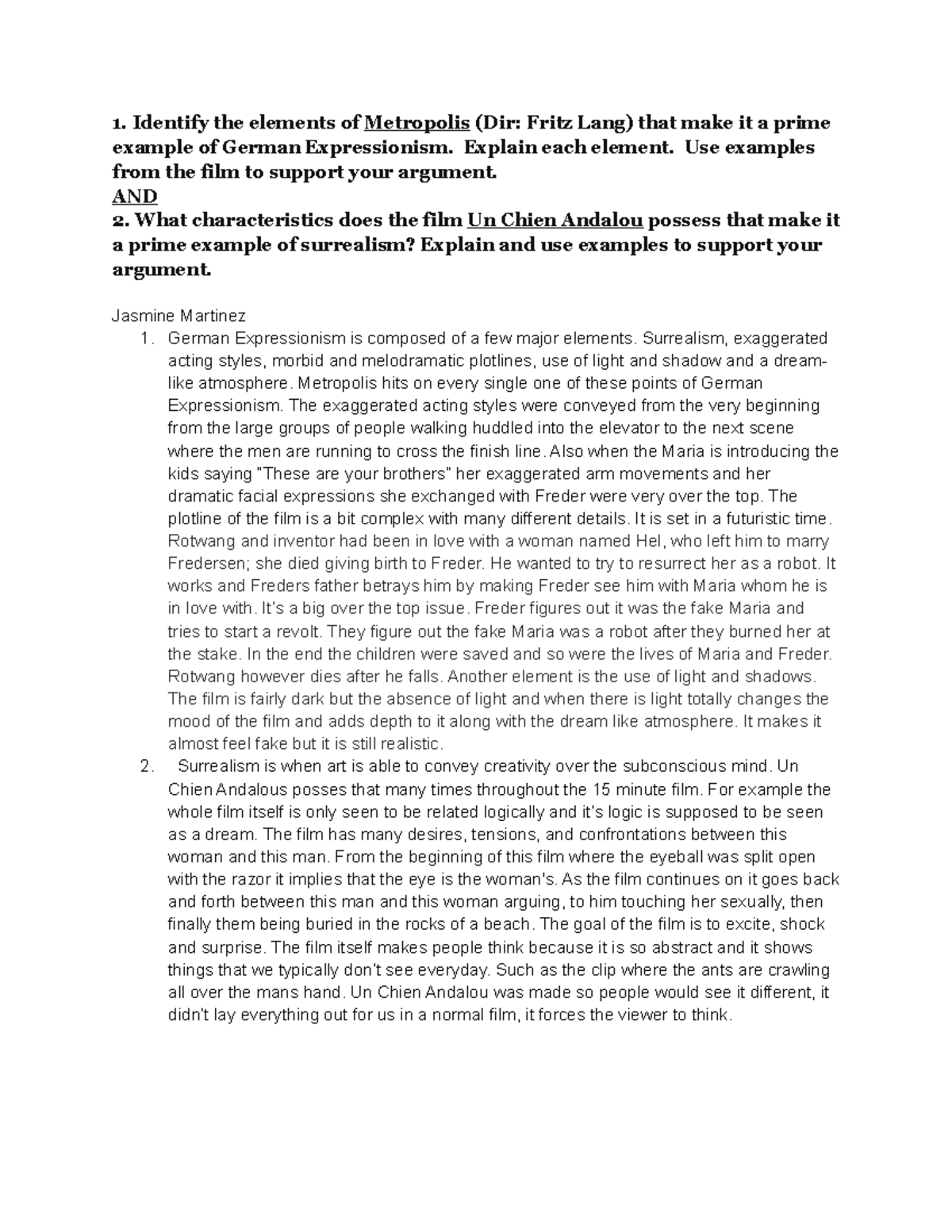 Microtheme #2 Week 3 - 1. Identify the elements of Metropolis (Dir ...