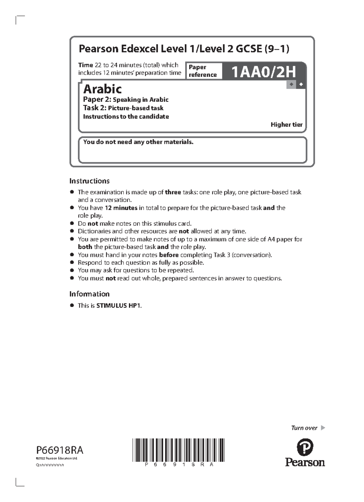 P66918 GCSE Arabic 1AA0 2H Candidate Picture Cards 2022 - Turn over ...