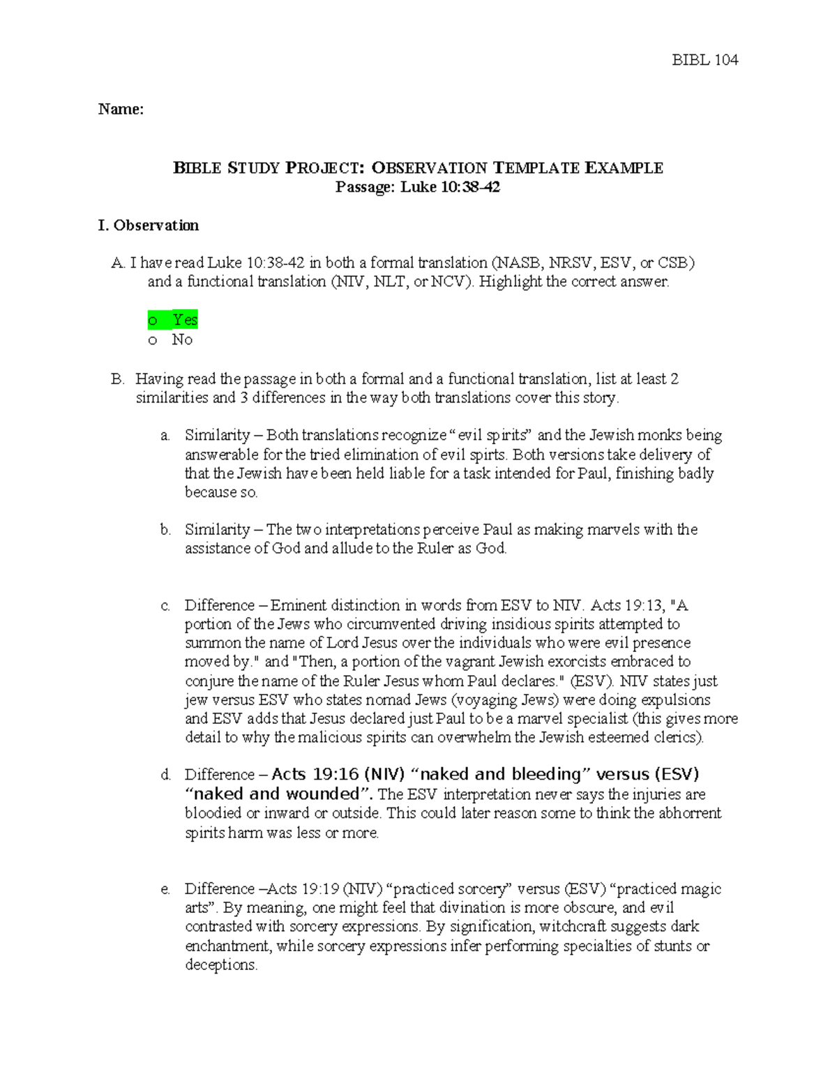 Bible Study Project - Name: BIBLE STUDY PROJECT: OBSERVATION TEMPLATE ...