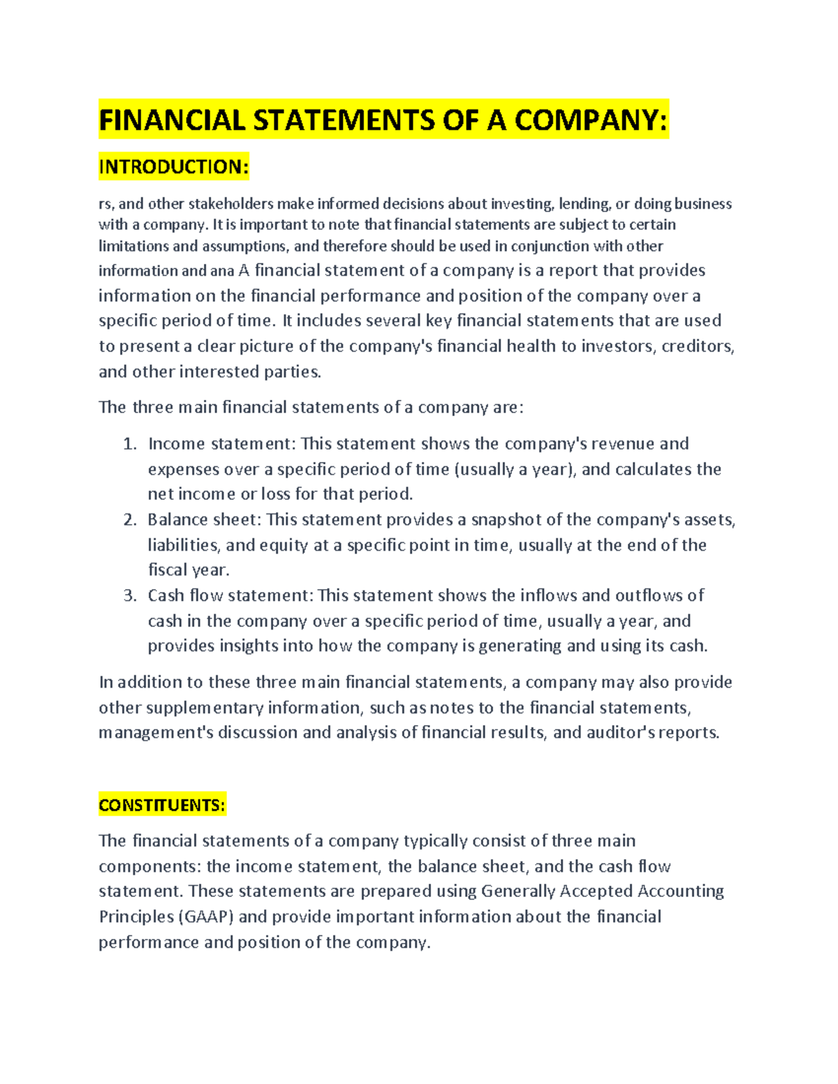Financial Statements OF A Company - FINANCIAL STATEMENTS OF A COMPANY ...