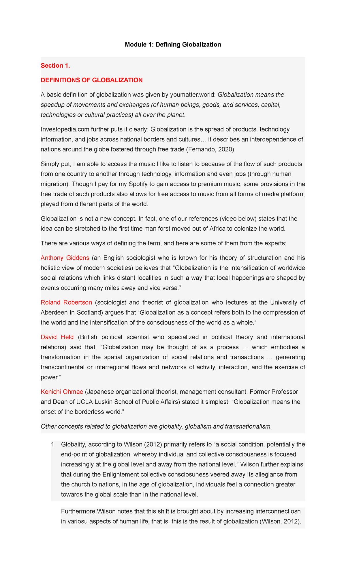 GE 4 Module 1 - GE4 - Module 1: Defining Globalization Section 1. DEFINITIONS OF GLOBALIZATION A ...