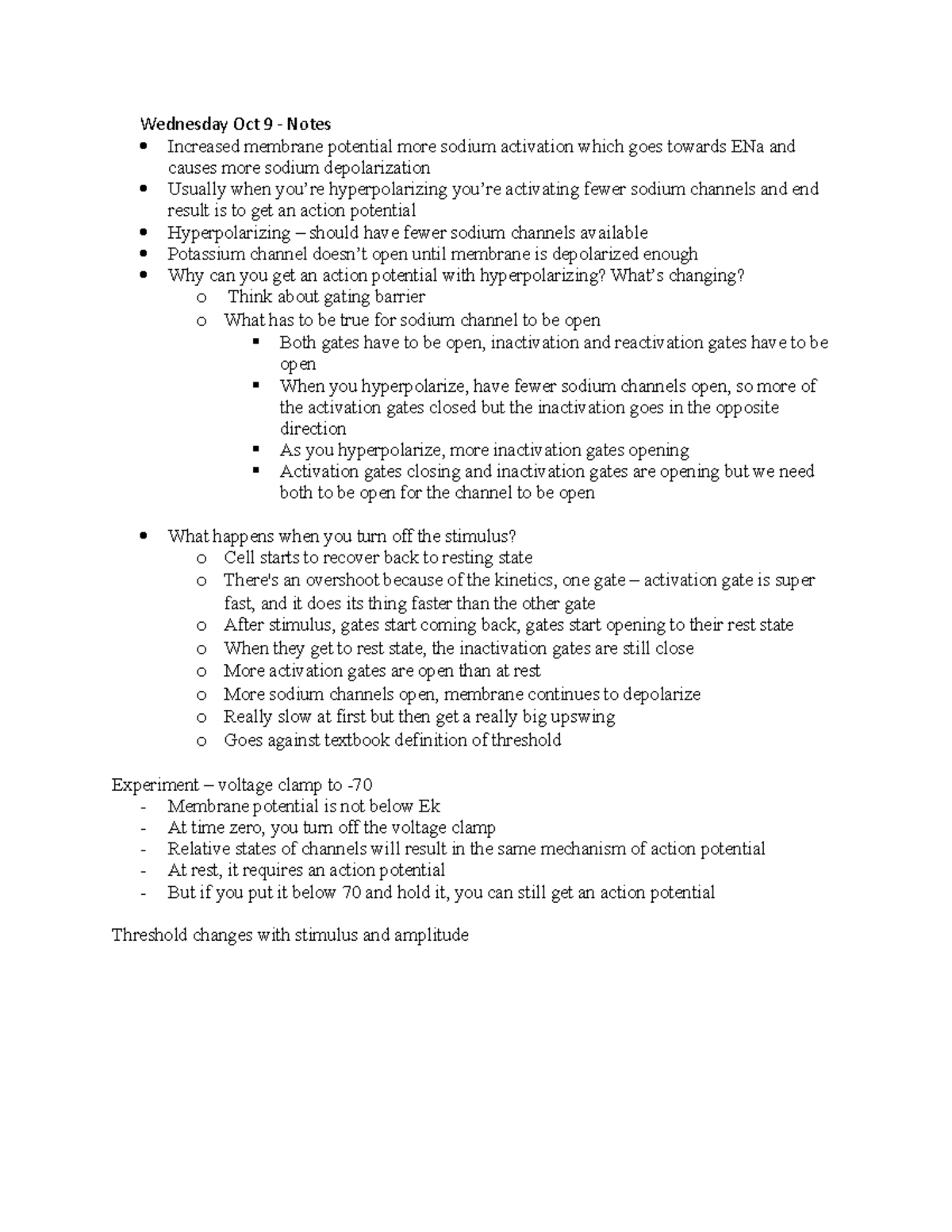 Cell Phs Notes - Wednesday Oct 9 - Notes Increased membrane potential ...