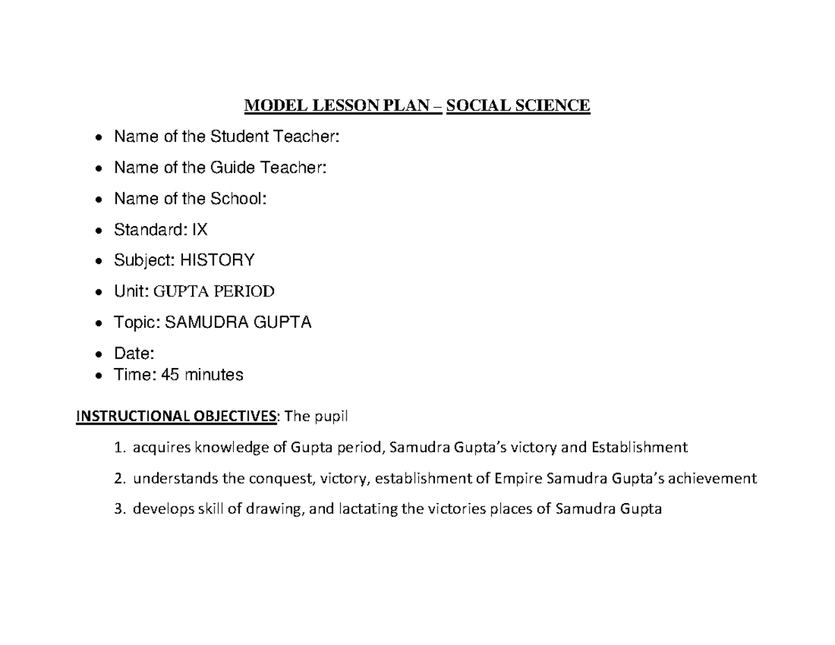 5. History Model Lesson Plan - MODEL LESSON PLAN – SOCIAL SCIENCE ...