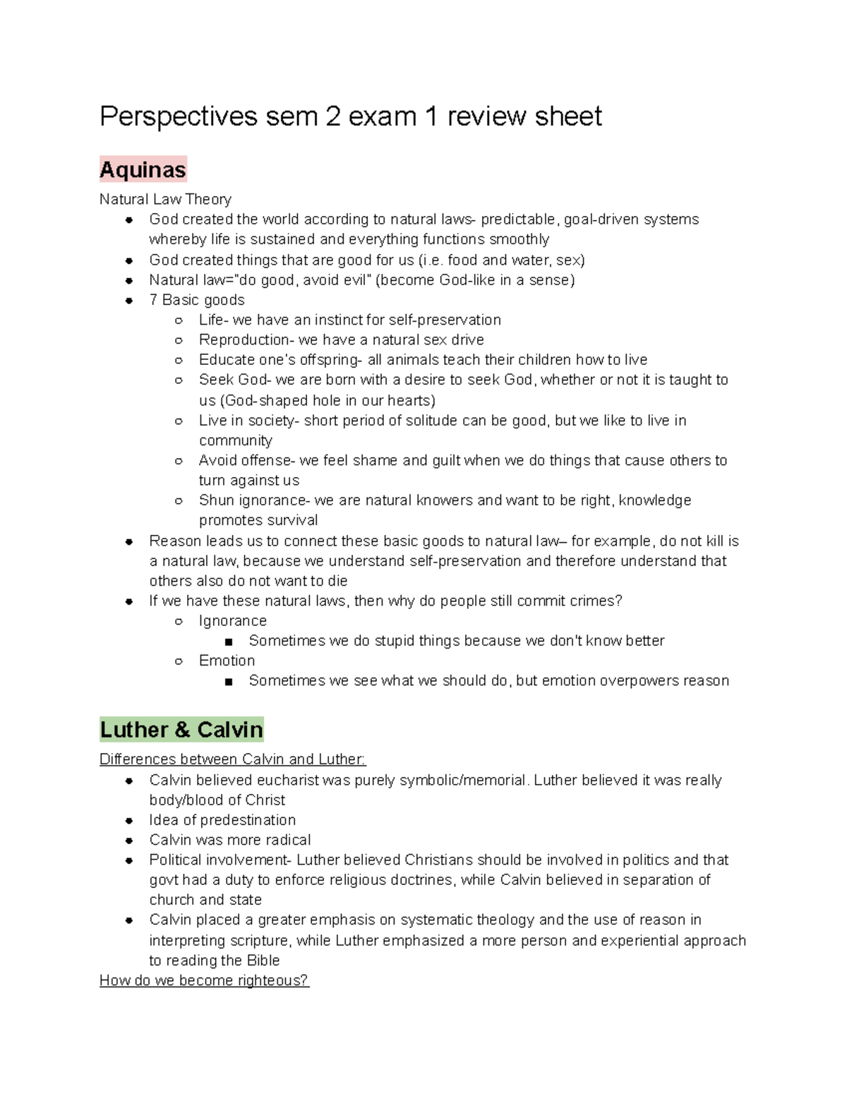 Perspectives semester 2 exam 1 - Perspectives sem 2 exam 1 review sheet Aquinas Natural Law ...