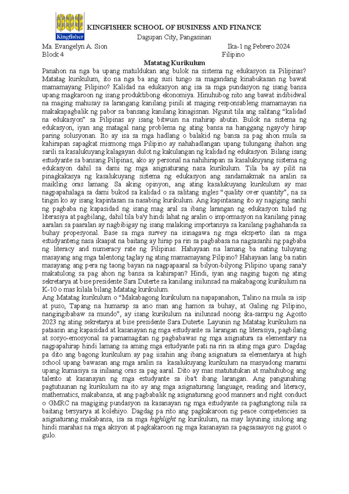 Filipino essay peta - KINGFISHER SCHOOL OF BUSINESS AND FINANCE Dagupan ...