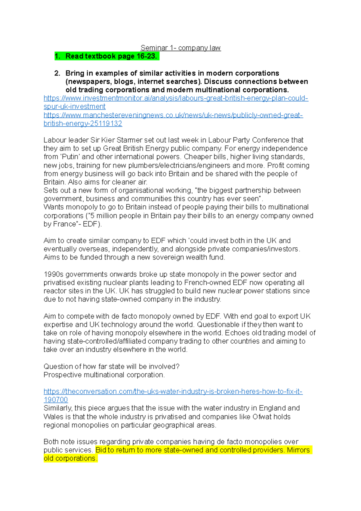 Seminar 1 company law - Seminar 1- company law Read textbook page 16-23 ...