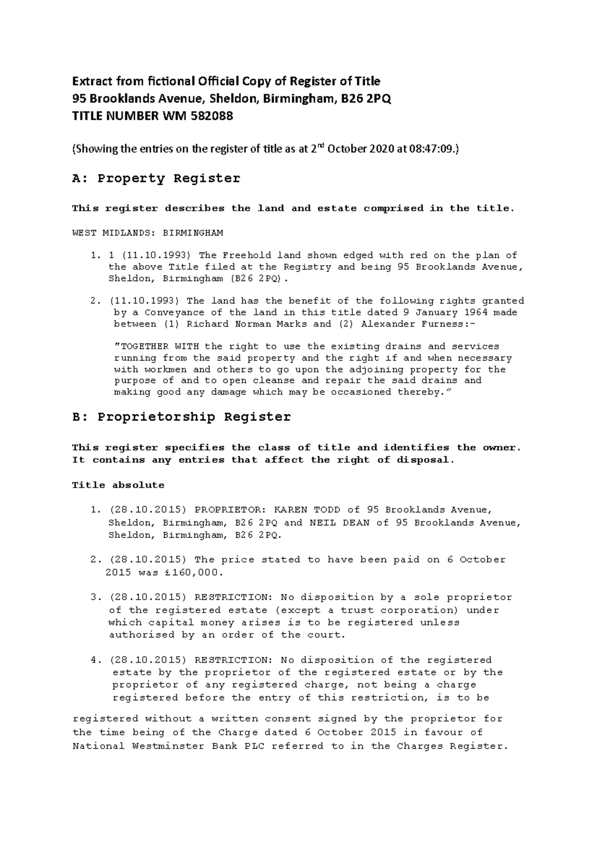 Extract from fictional Official Copy of Register of Title-53 Crossway ...