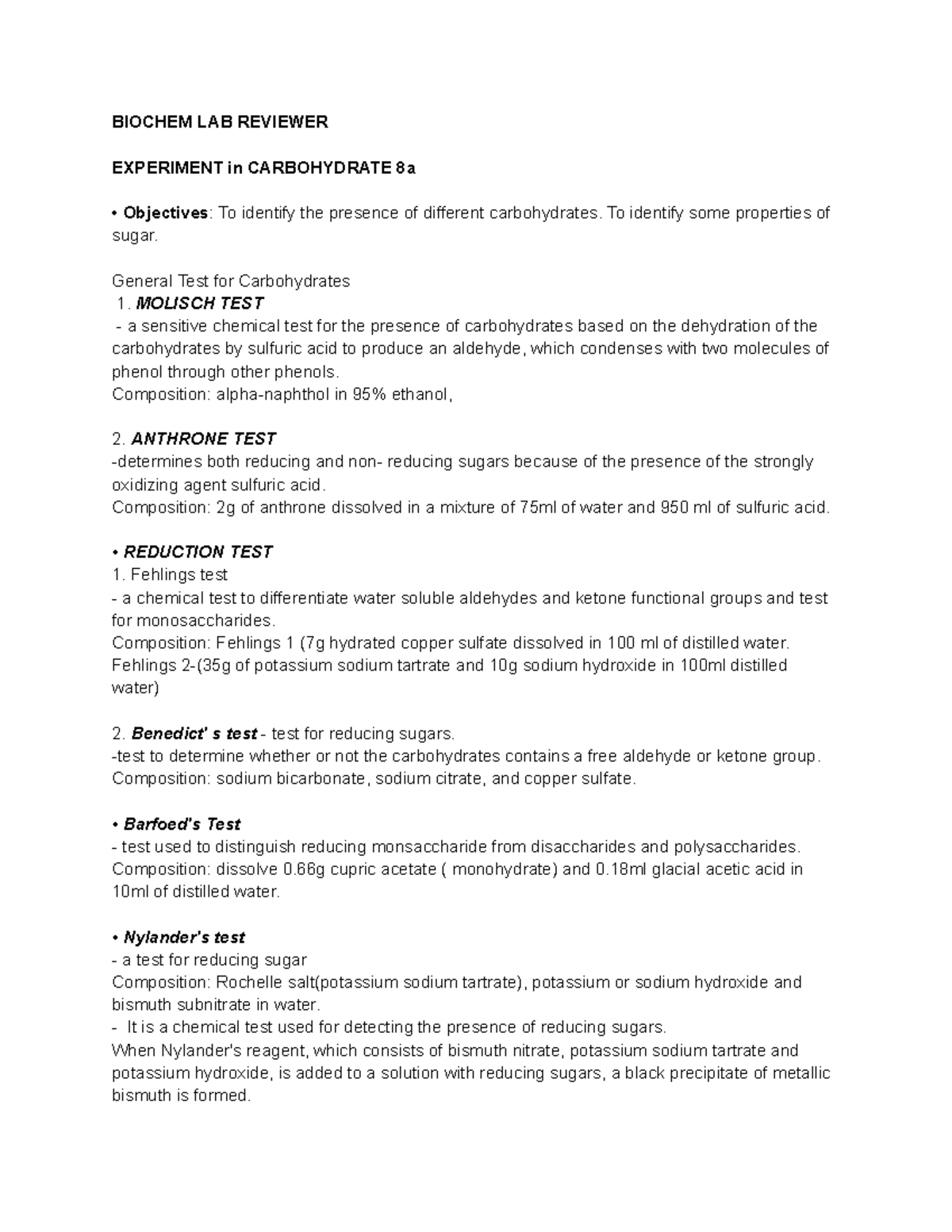 Biochem LAB Reviewer - BIOCHEM LAB REVIEWER EXPERIMENT in CARBOHYDRATE ...