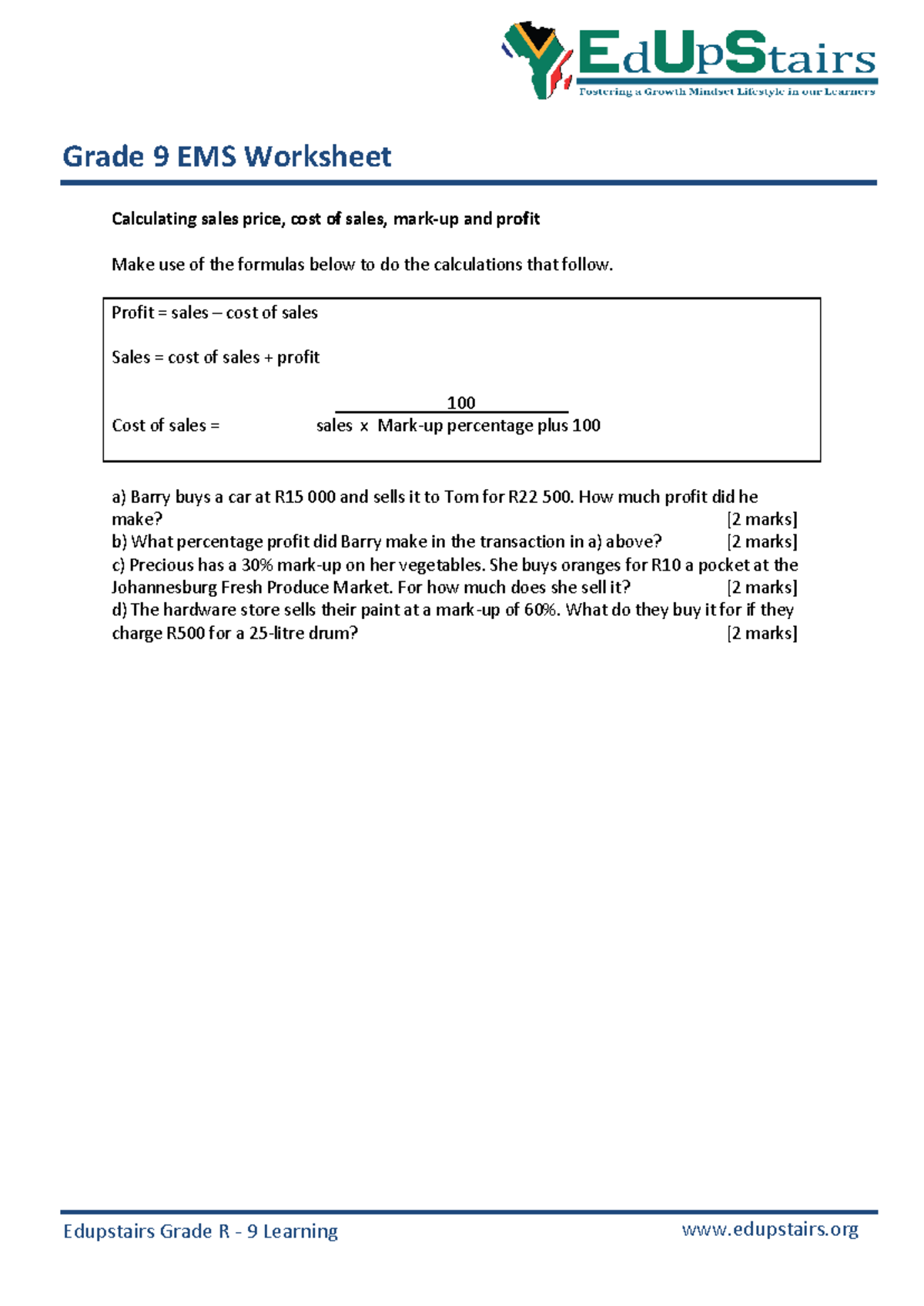 Calculating sales price cost of sales mark up and profit - Grade 9 EMS Worksheet Edupstairs ...