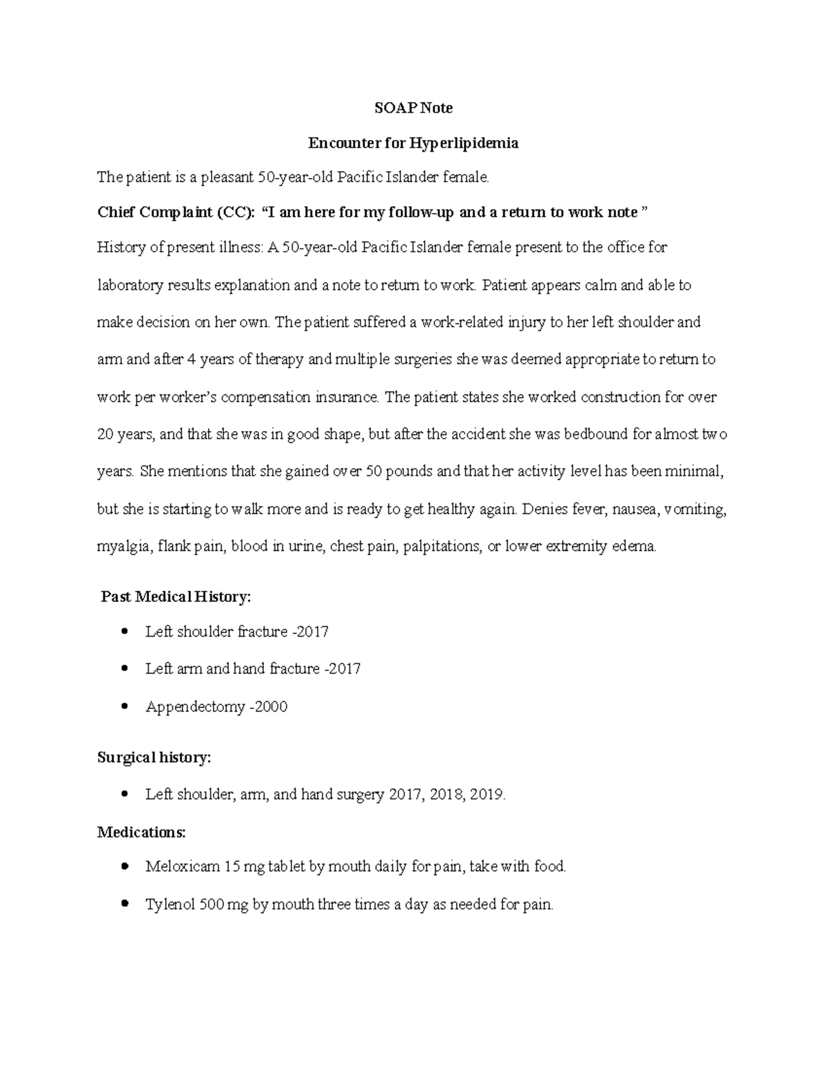Soap hyperlipidemia - Soap note - SOAP Note Encounter for ...