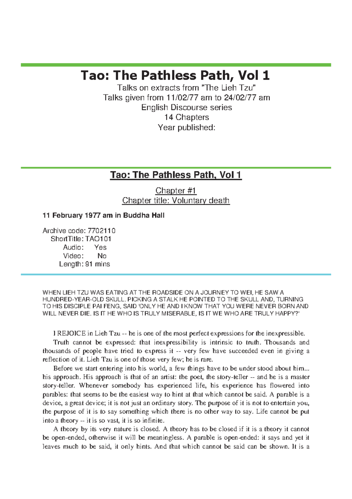 Tao - The Pathless Path, Vol 1 - & ! " Talks on extracts from - Studocu