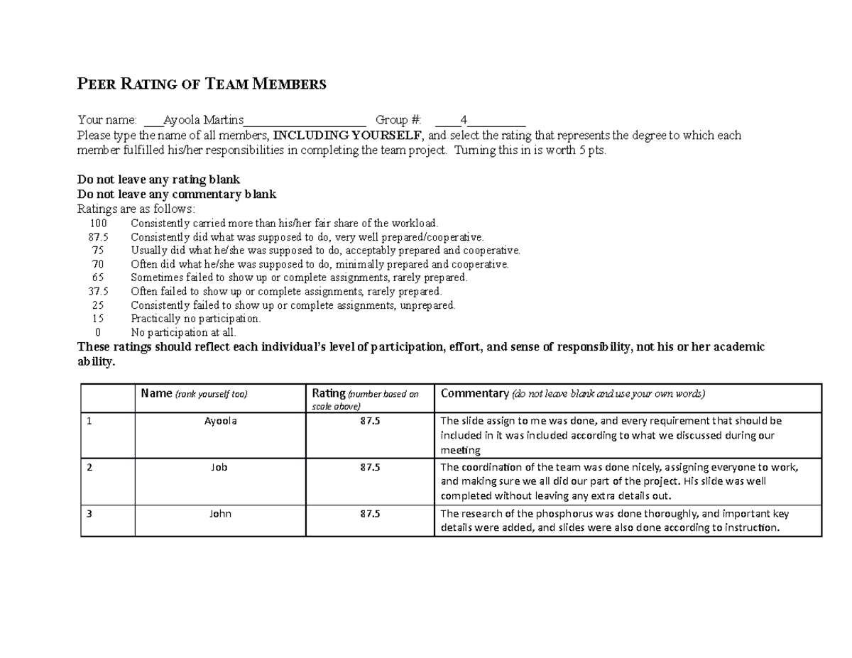 Peer Rating Design Challenge done - PEER RATING OF TEAM MEMBERS Your ...