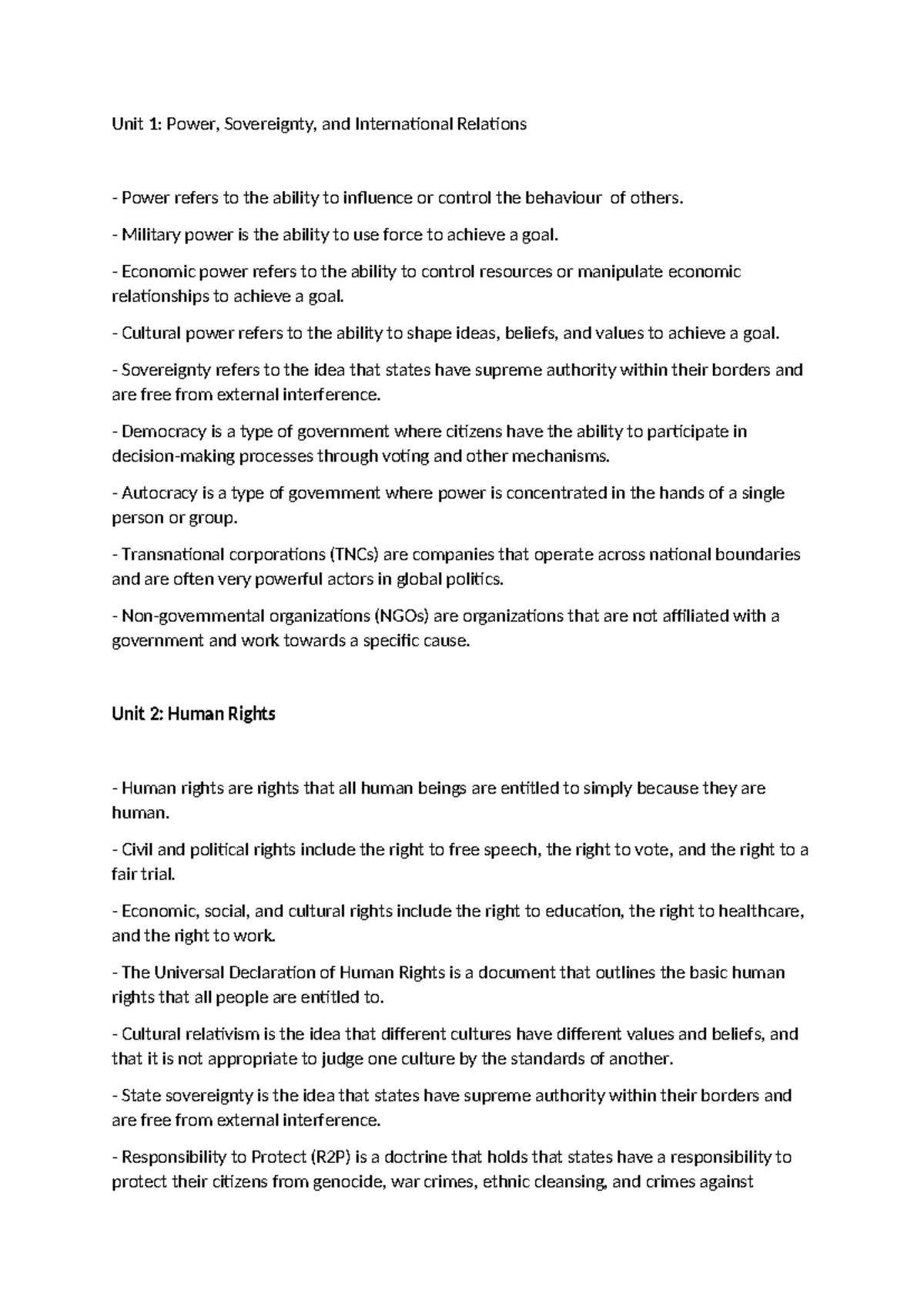 Global summary - Unit 1: Power, Sovereignty, and International ...