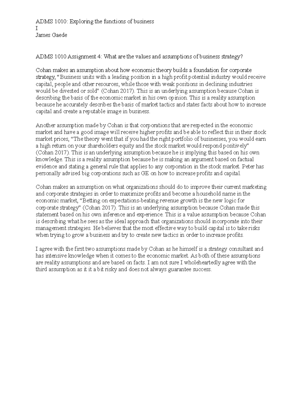 ADMS 1010 Assignment 4 - ADMS 1010: Exploring the functions of business I James Gaede ADMS 1010 ...