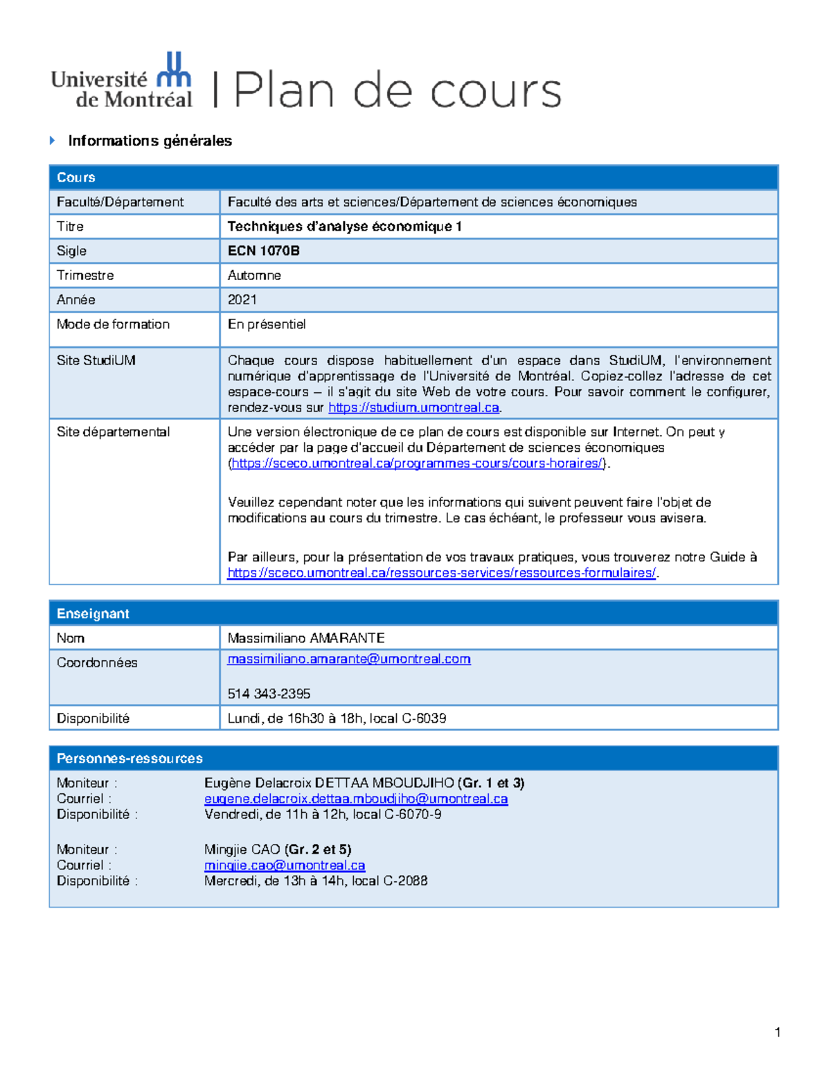 Plan du cours - Informations générales Cours Faculté/Département ...