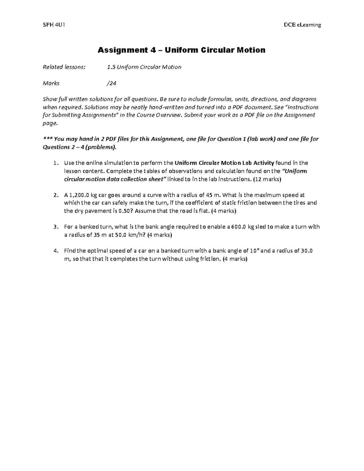 A4 Uniform Circular Motion - SPH 4U1 DCE eLearning Assignment 4 ...