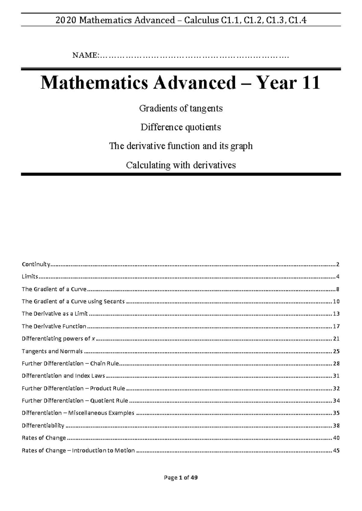 3 - 2020 MA Y11 Booklet - Calculus C1.1, C1.2, C1.3, C1 - - Studocu