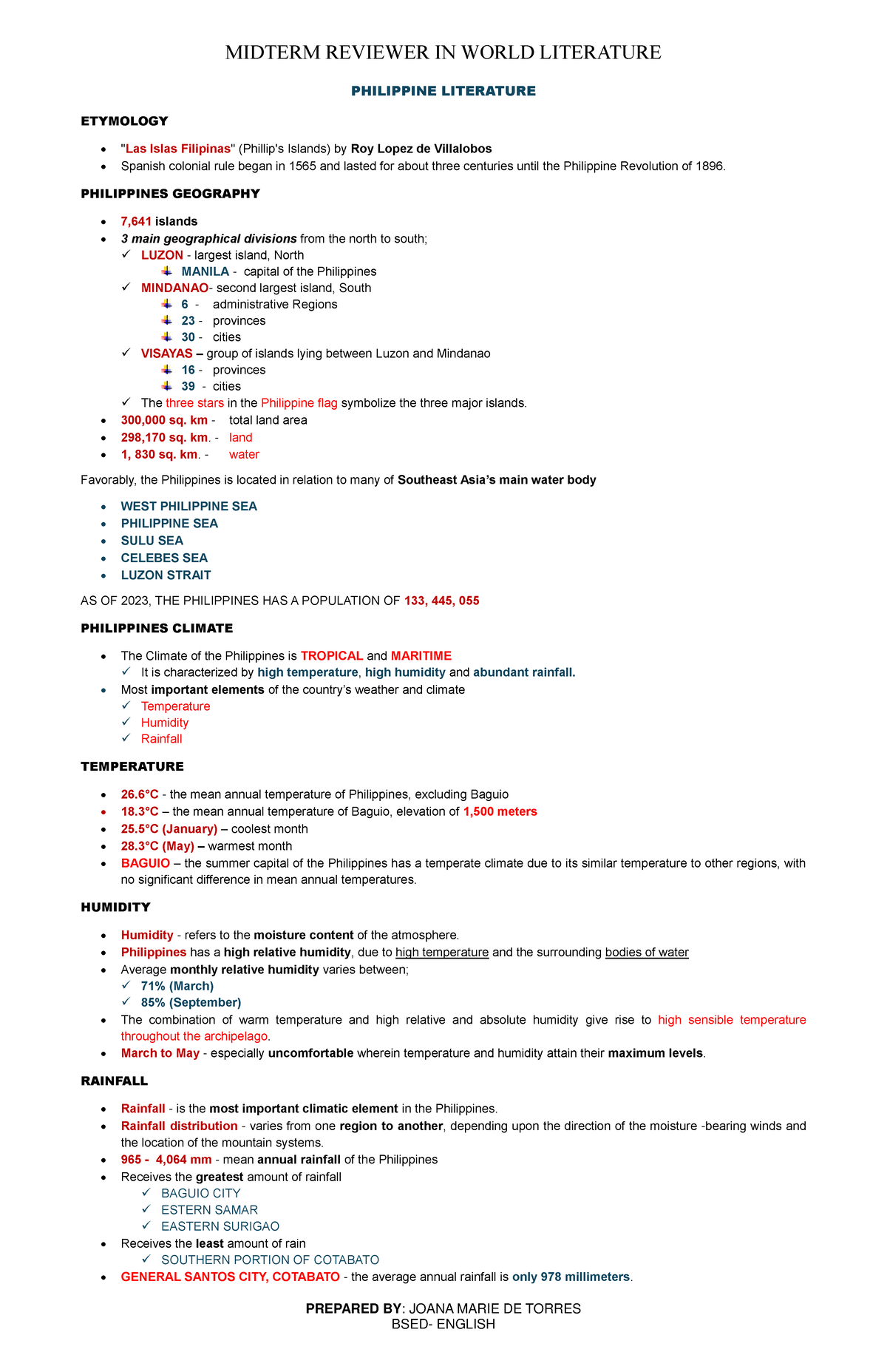 World Literature Midterm Reviewer - PREPARED BY: JOANA MARIE DE TORRES PHILIPPINE LITERATURE ...