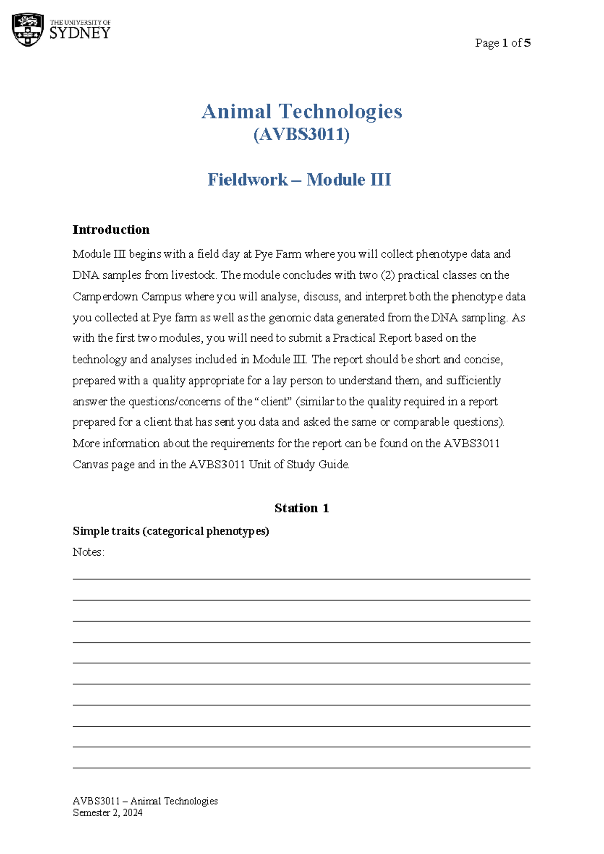 AVBS3011-2024-Fieldwork Module 3 - AVBS3011 – Animal Technologies ...