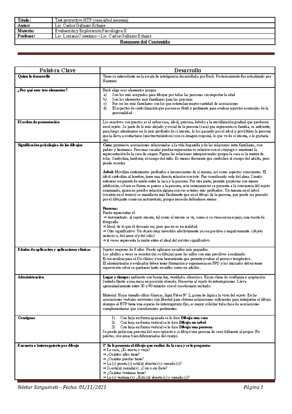 NS - Resumen Test HTP (house tree person) - Evaluación y Exploración ...