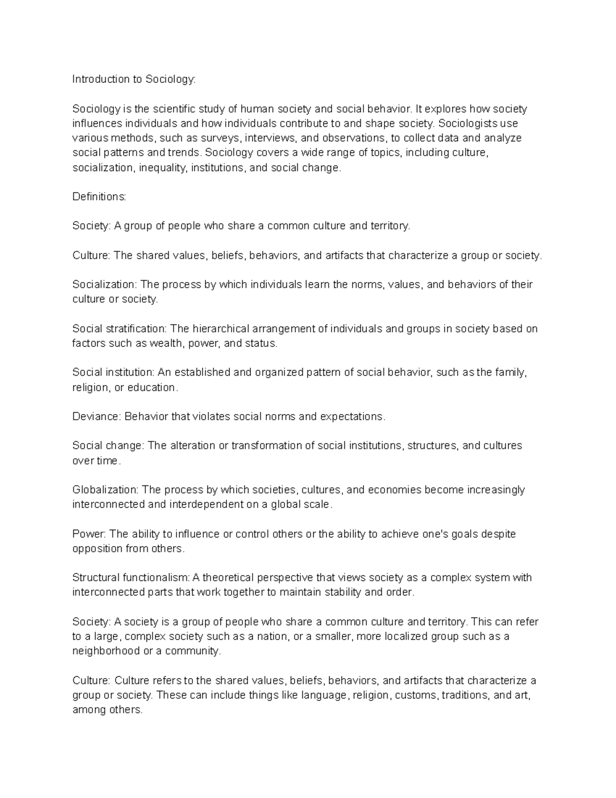 Introduction To Sociology SOC 100 study guide - Introduction to ...