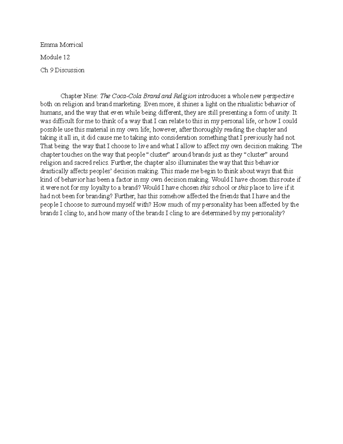 Mod 12 Discussion - Emma Morrical Module 12 Ch 9 Discussion Chapter ...