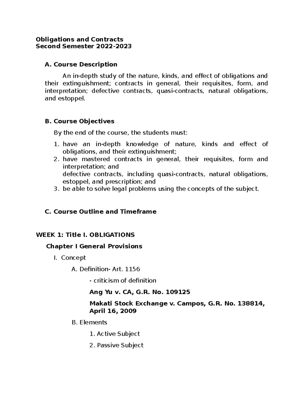 Obli Con SY 2022 2023 Week 1 - Obligations and Contracts Second ...