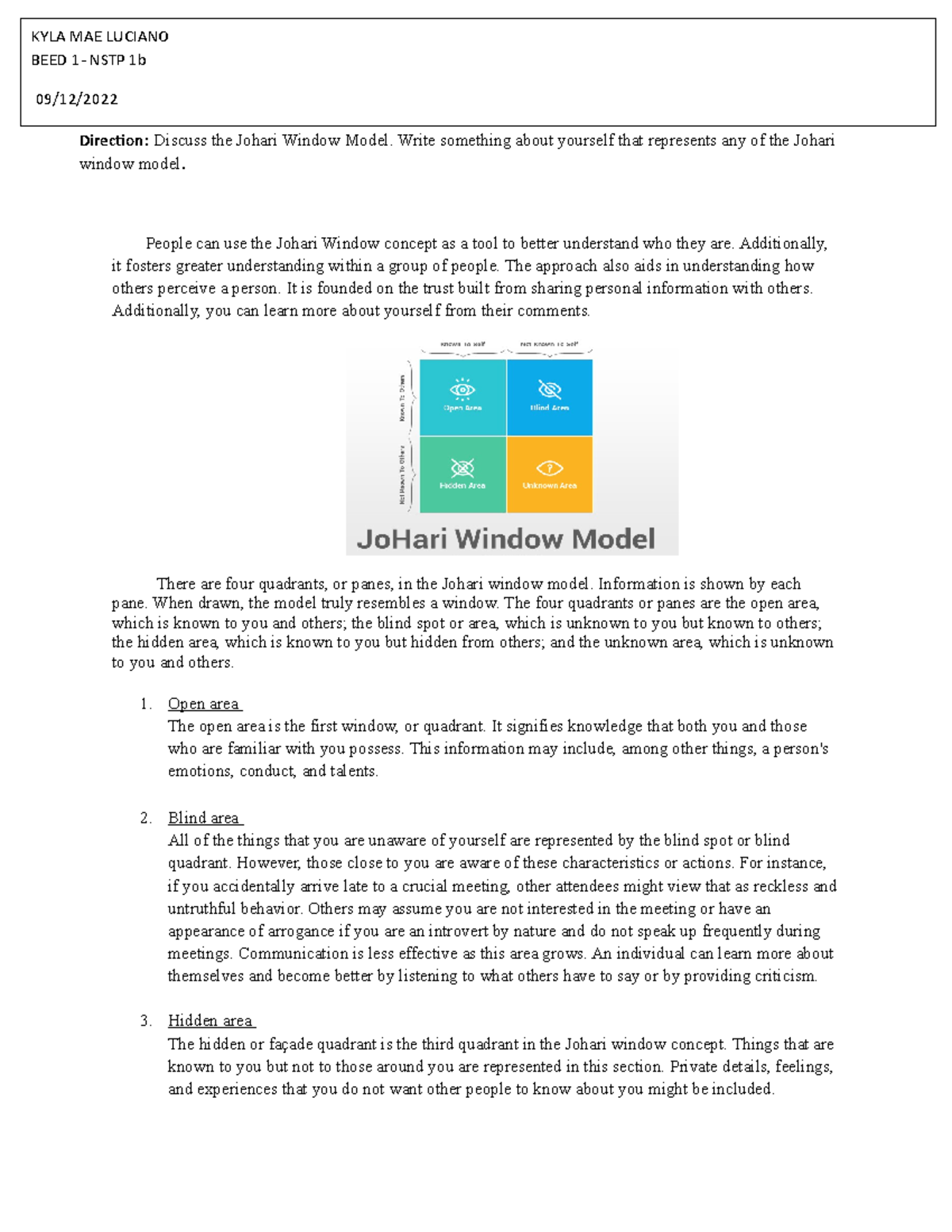 NSTP- Johari window model - Direction: Discuss the Johari Window Model ...