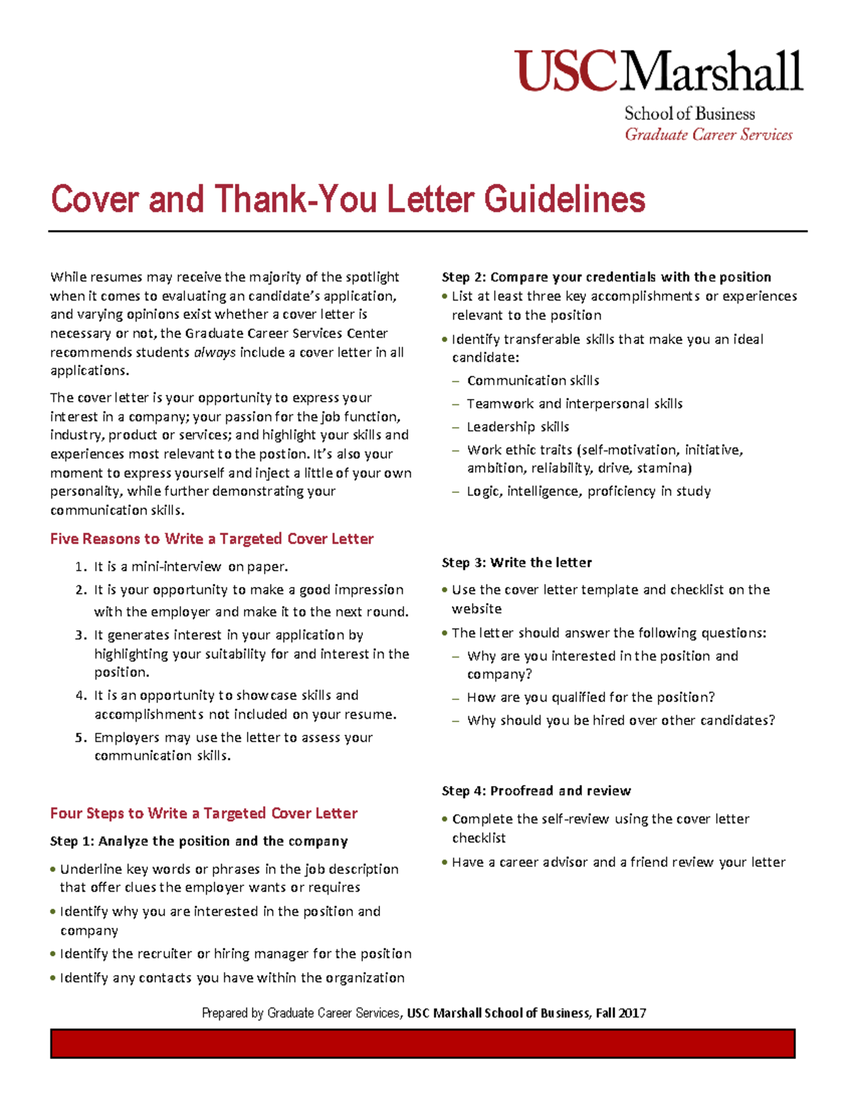 Cover Letter Guide - Free - Prepared by Graduate Career Services, USC ...