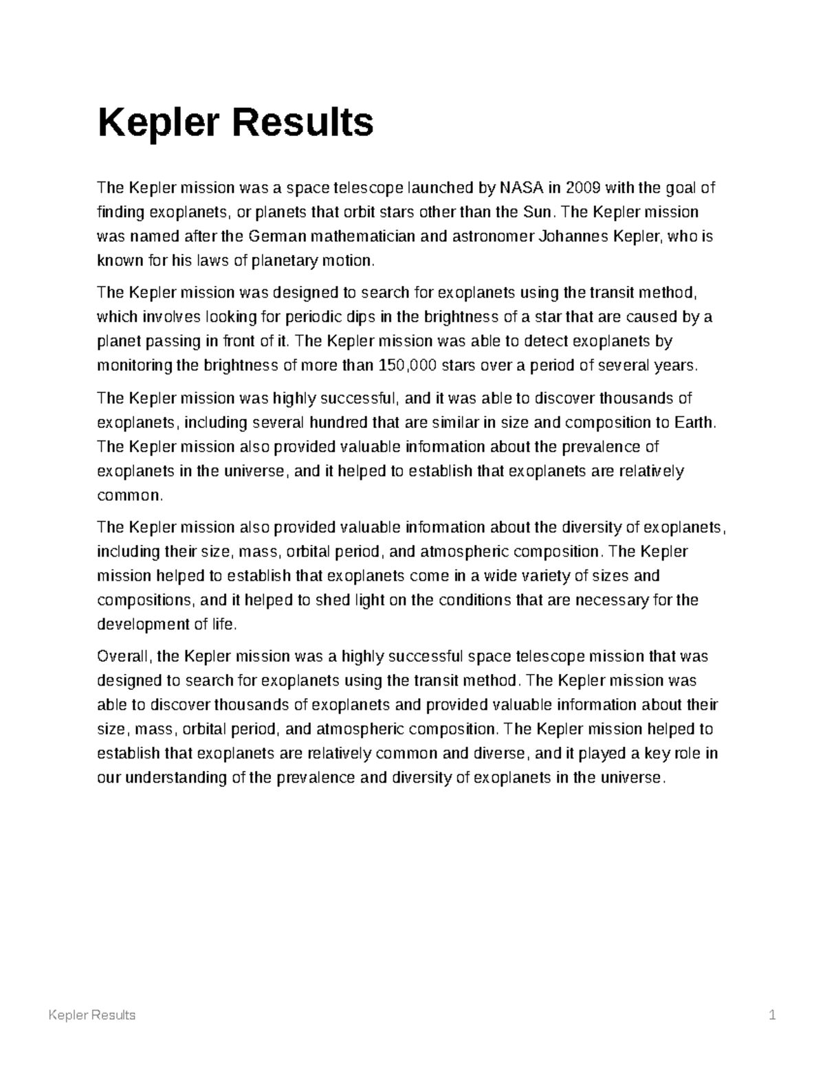 Kepler Results - Notes - Kepler Results 1 Kepler Results The Kepler ...