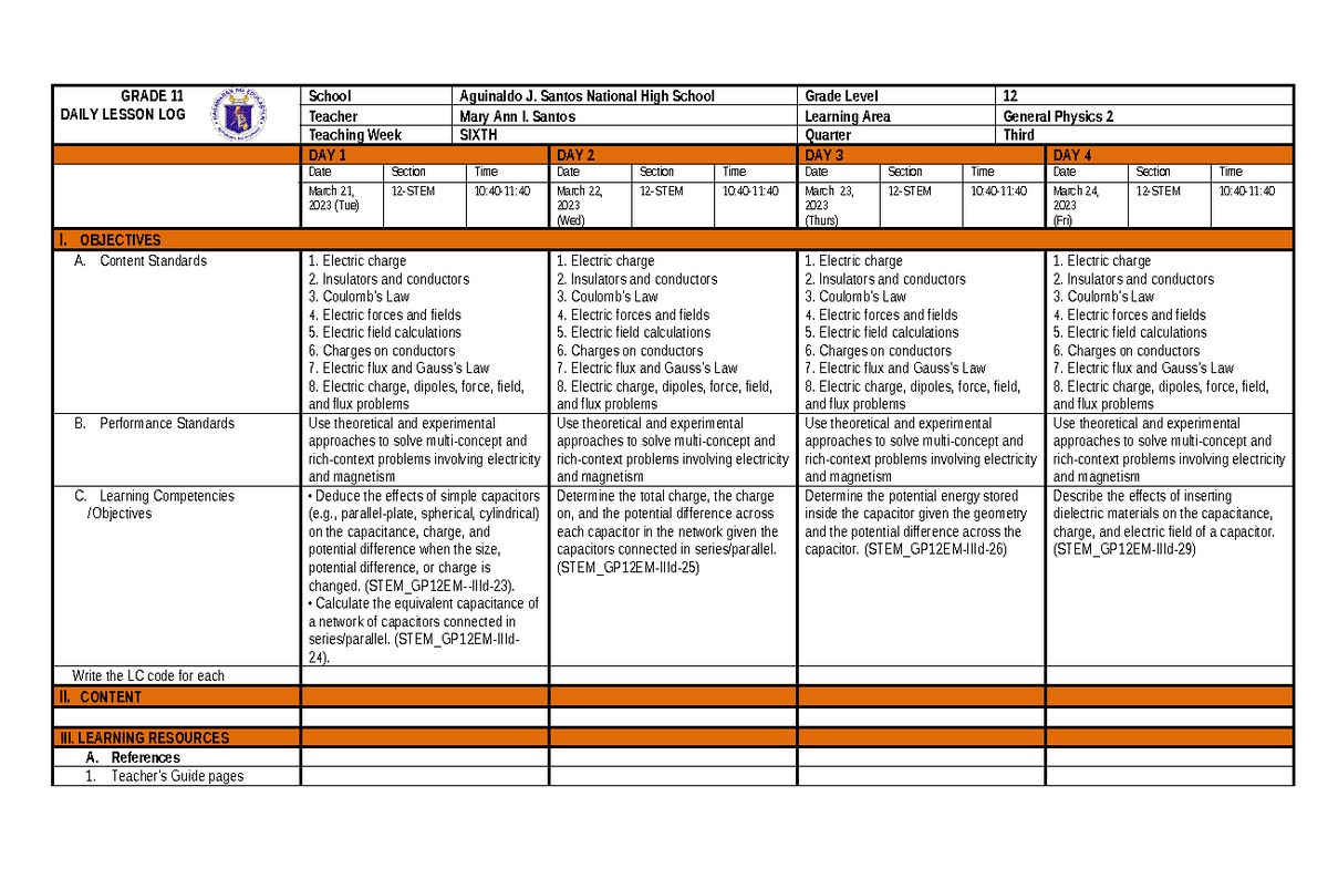 GP2-6th WEEK DLL - GRADE 11 DAILY LESSON LOG School Aguinaldo J. Santos ...