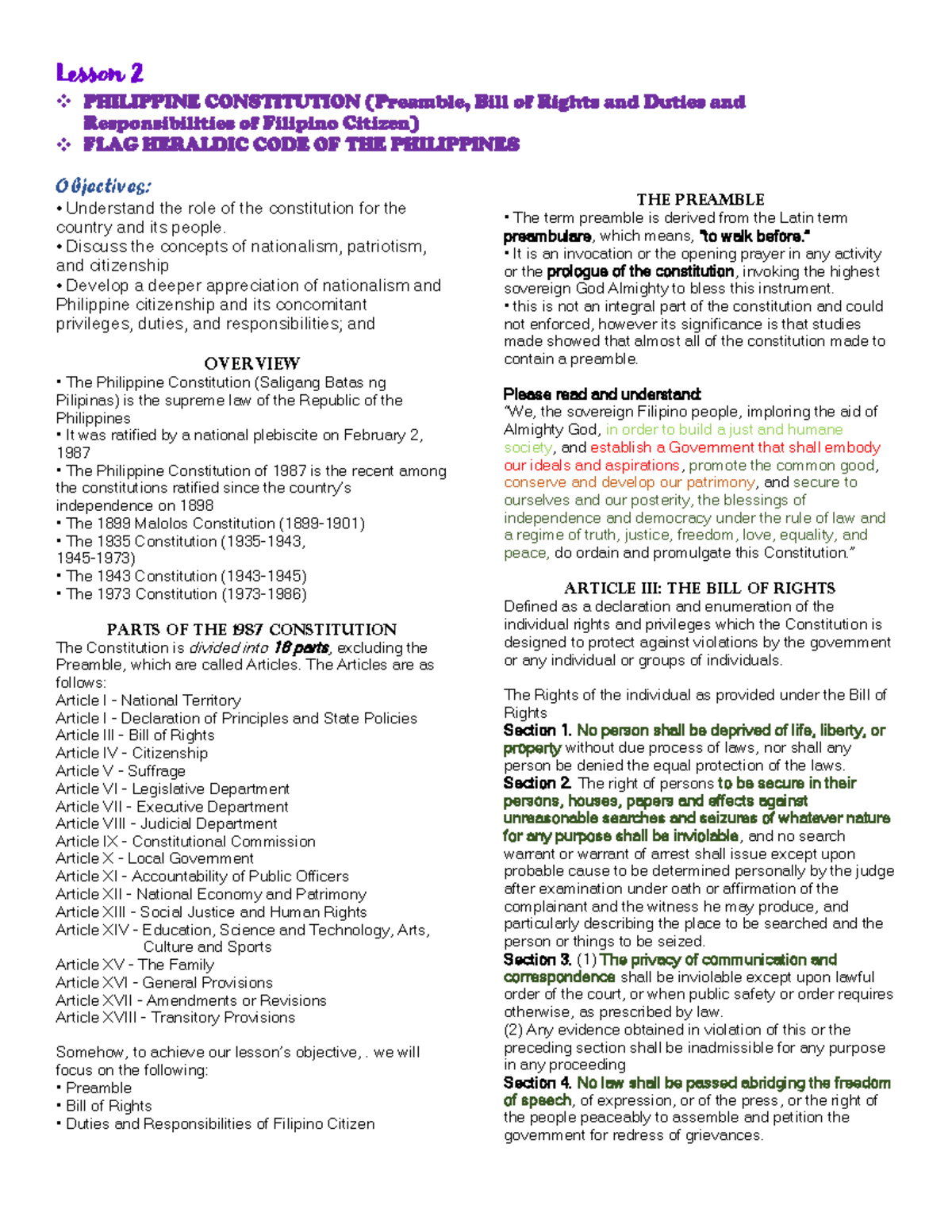CWTS - N/A - PHILIPPINE CONSTITUTION (Preamble, Bill of Rights and ...