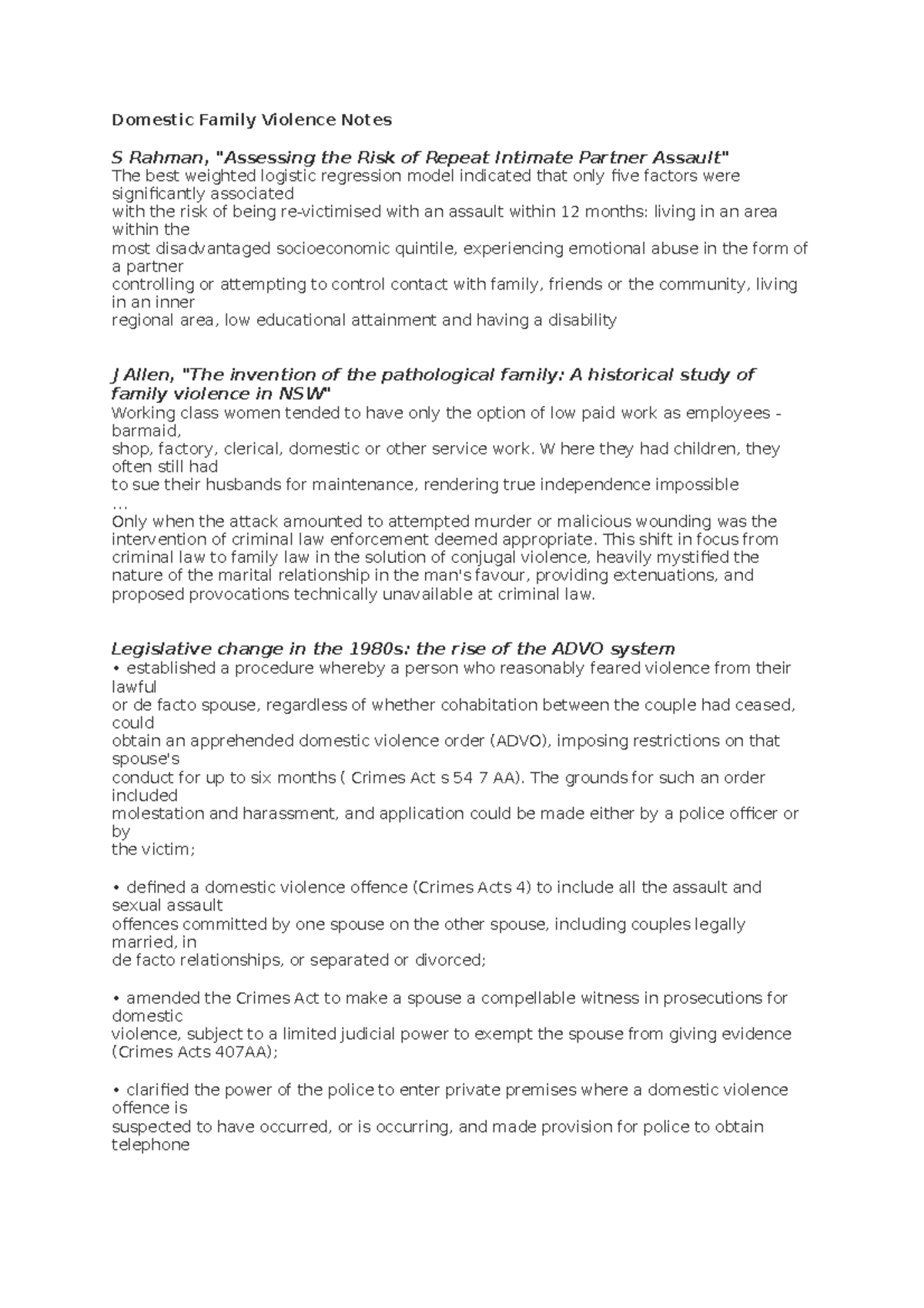 Domestic Family Violence Notes - W here they had children, they often ...