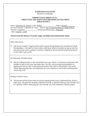 FS2 Episode 2 - PAMPANGACOLLEGES Macabebe, Pampanga OBSERVATION SHEET ...