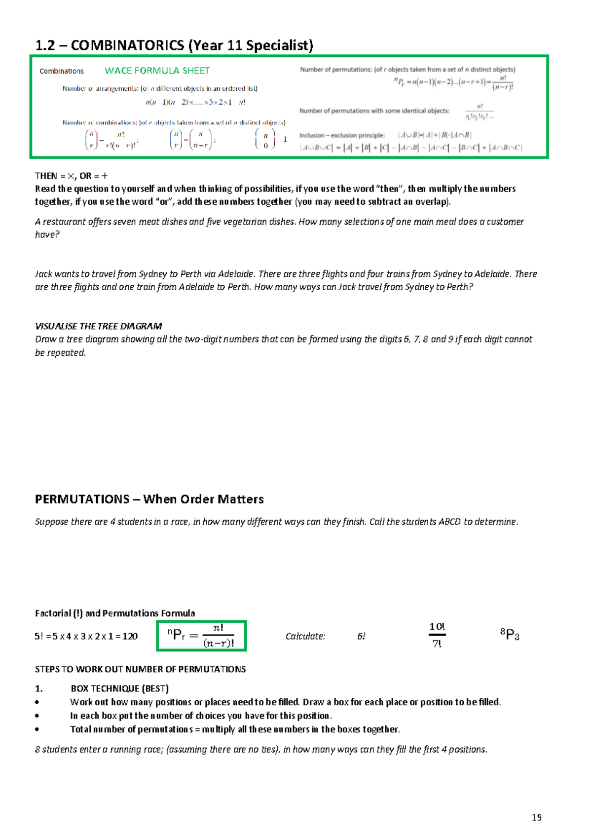 1.2 - Combinatorics - 1 – COMBINATORICS (Year 11 Specialist) THEN = ×, OR = + Read the question ...