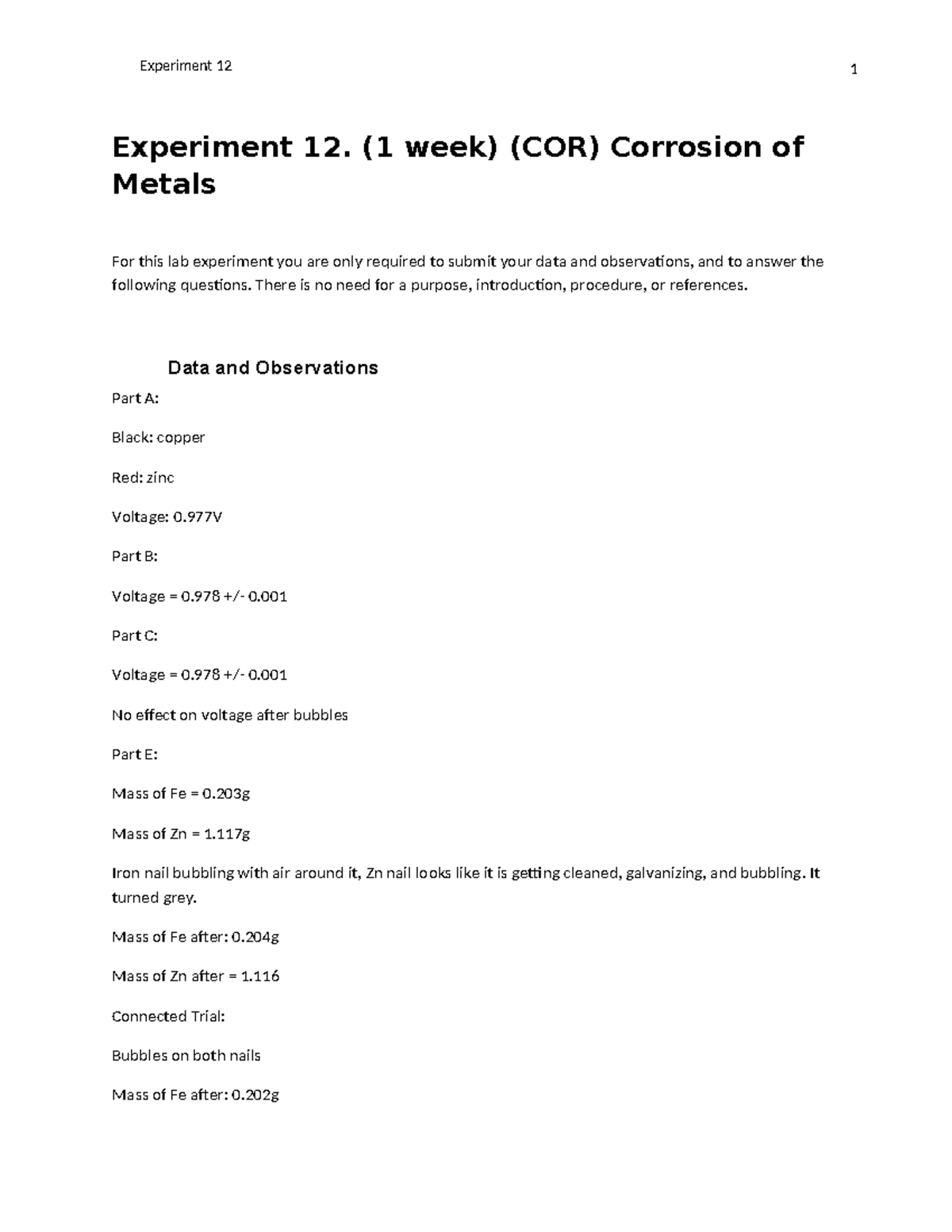 Corrosion of Metals Lab - Experiment 12. (1 week) (COR) Corrosion of ...