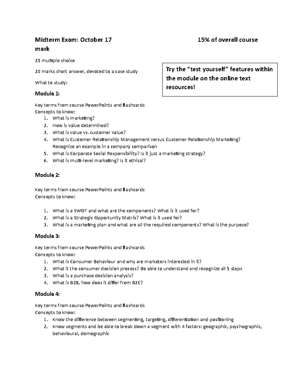 Midterm Exam- For your preparation - Midterm Exam: October 17 15% of ...