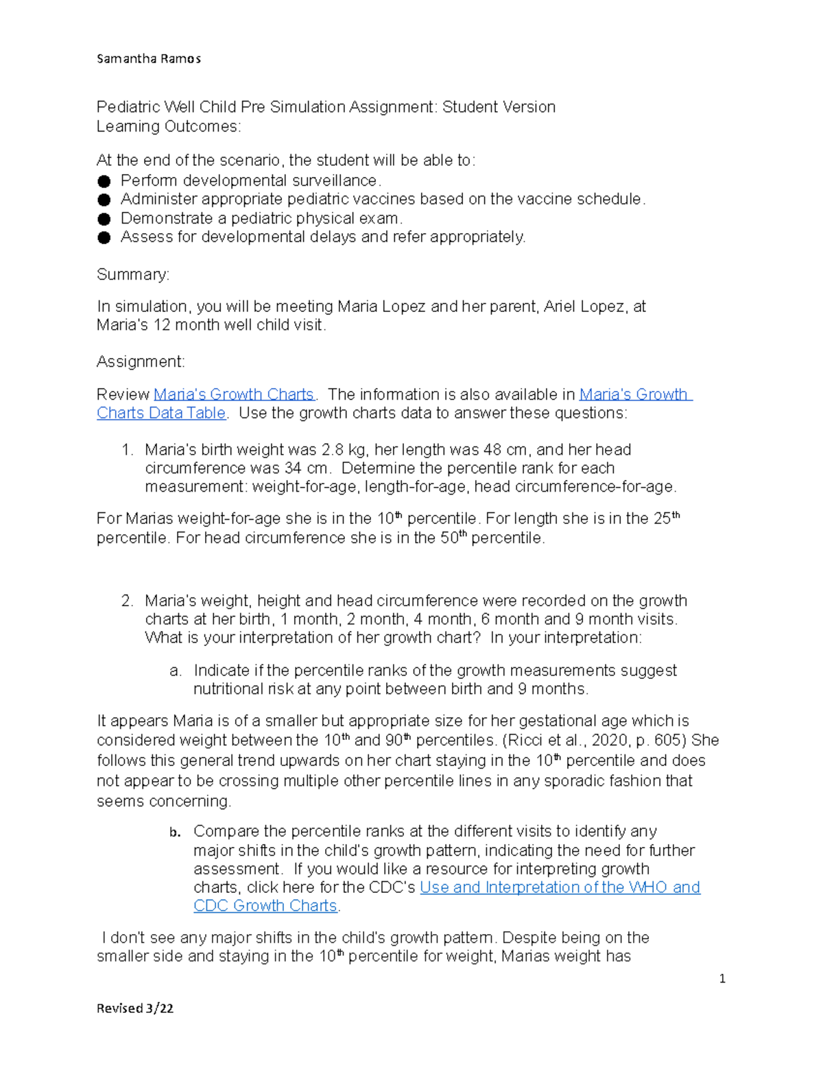 Well Child Pre Sim Student - Samantha Ramos - Pediatric Well Child Pre Simulation Assignment ...