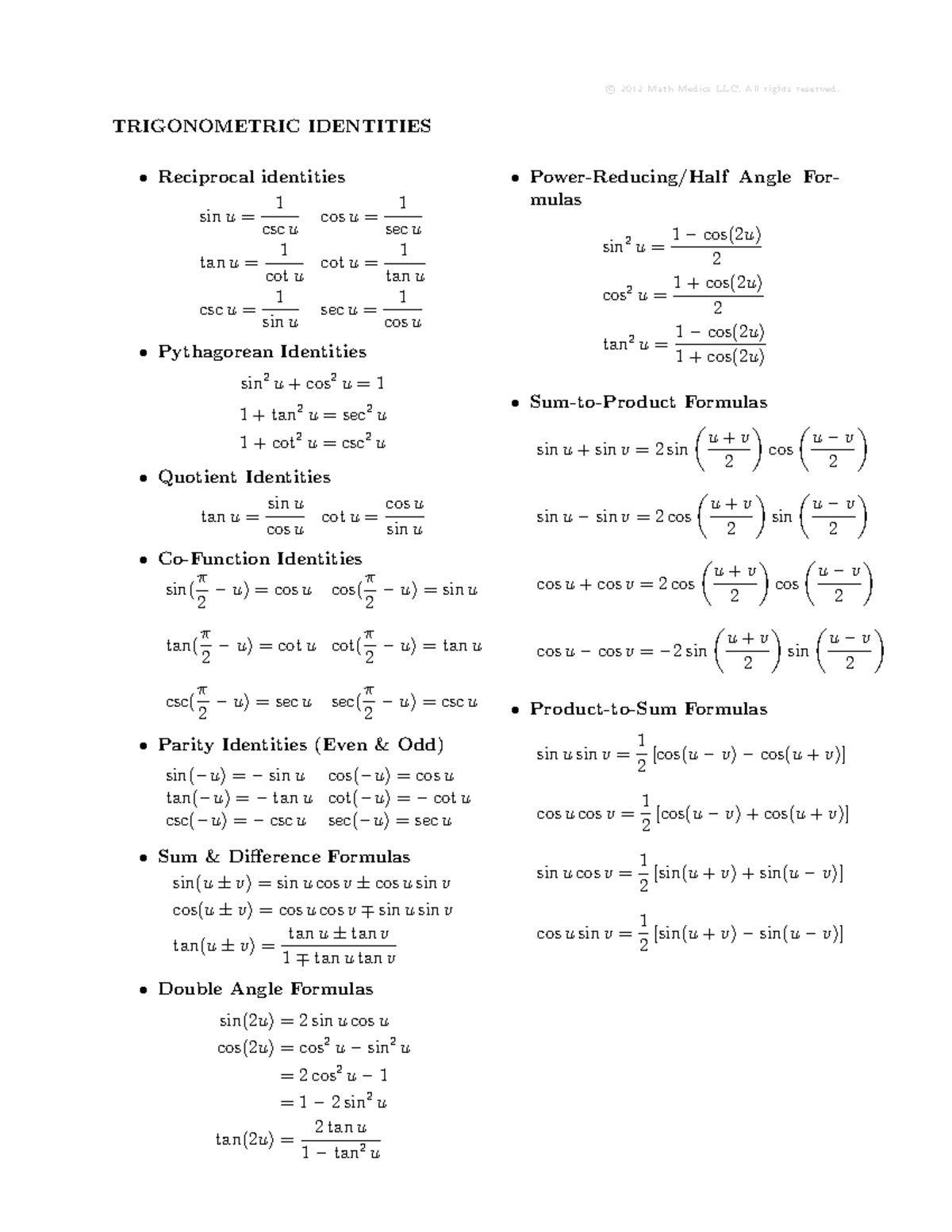 Trig identities - Summary Mathematics 2 - ©c 2012 Math Medics LLC. All ...
