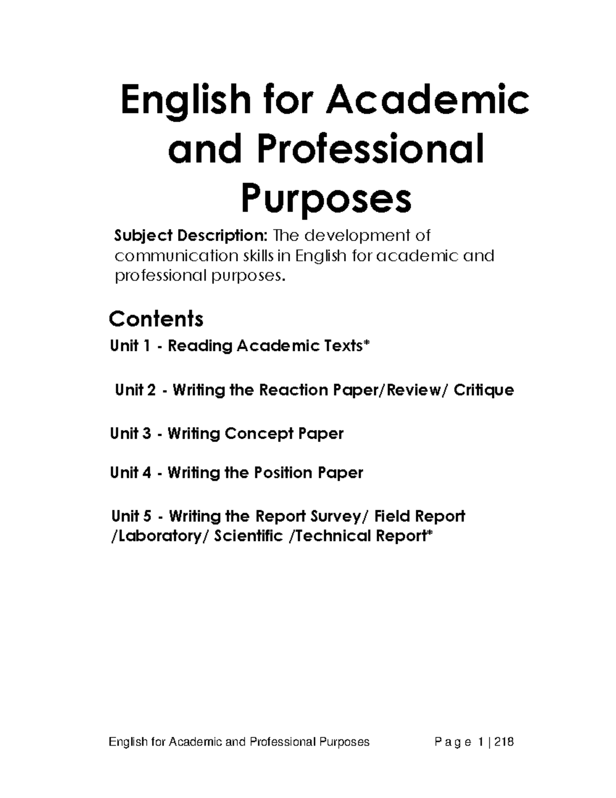 English for Academic and Professional Purposes - Contents Unit 1 ...