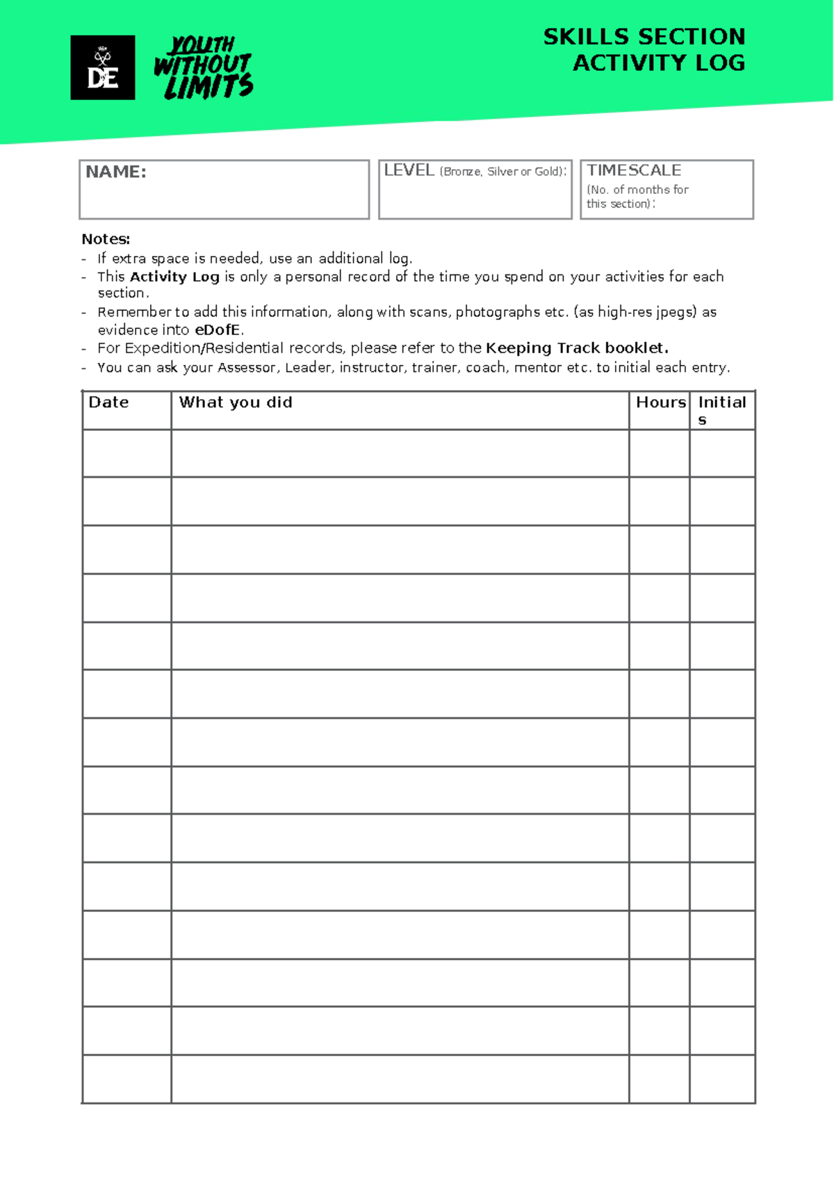 Activity-Log-Skills - erere - SKILLS SECTION ACTIVITY LOG Notes: - If ...